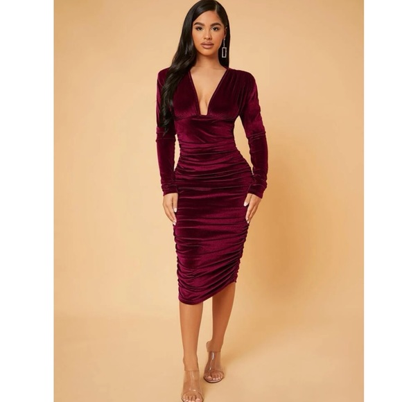 Dresses | Deep V Neck Ruched Velvet Burgundy Long Sleeve Midi Dress ...